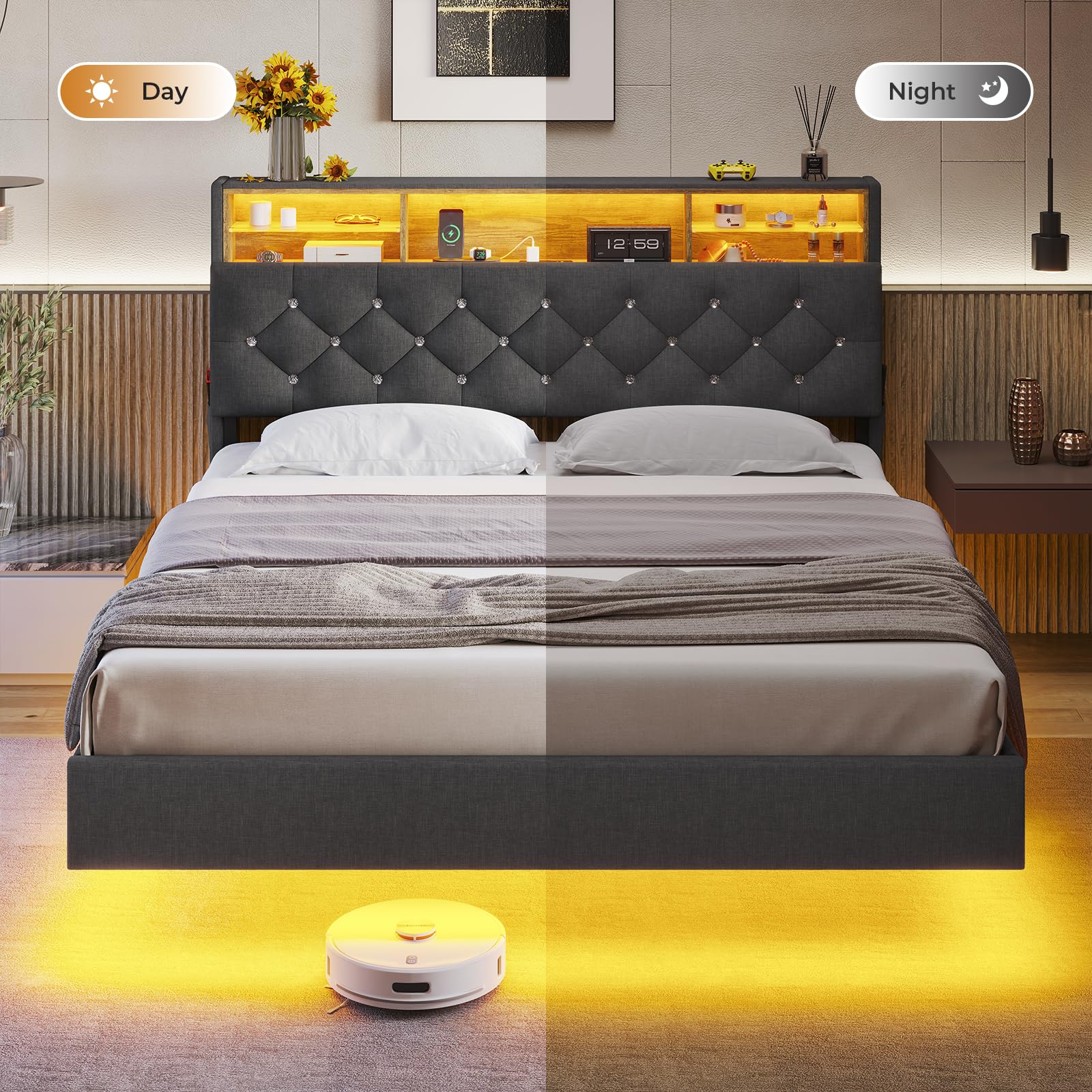 ADORNEVE Queen Floating Bed Frame with Storage Headboard and RGB LED Lights, Linen Upholstered Platform Floating Bed with USB-C/A Charging Station,Innovative Stable Structure,Dark Gray