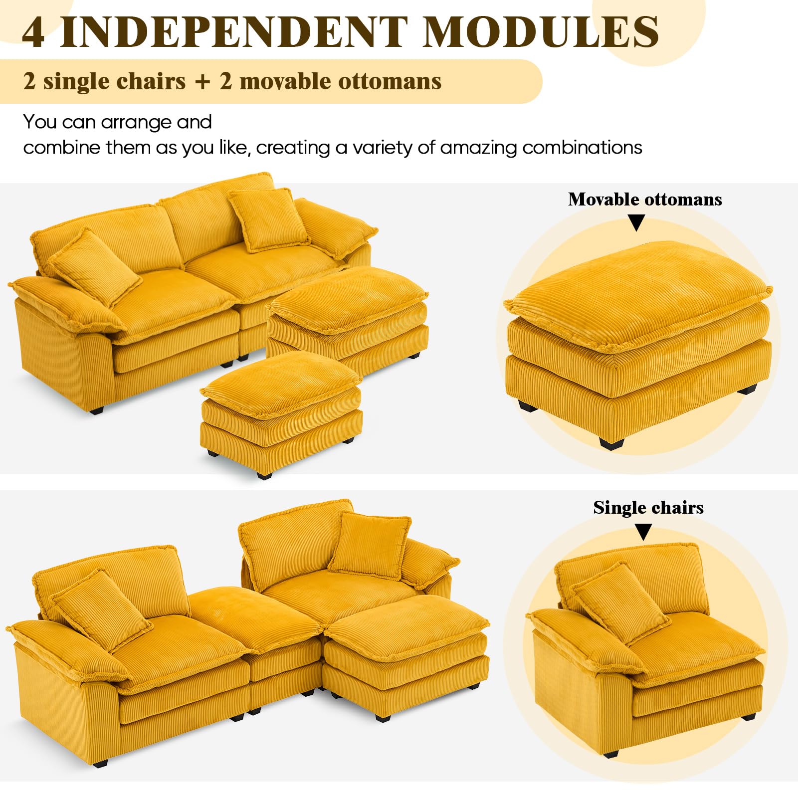 Chaise Longue Indoor with Movable Ottoman, 84.6" Modern Corduroy Loveseat Lounge Sofa Chair with Deep Seat, Upholstered L Shaped Modular Sectional Sofa Couches for Living Room, Apartment, Yellow