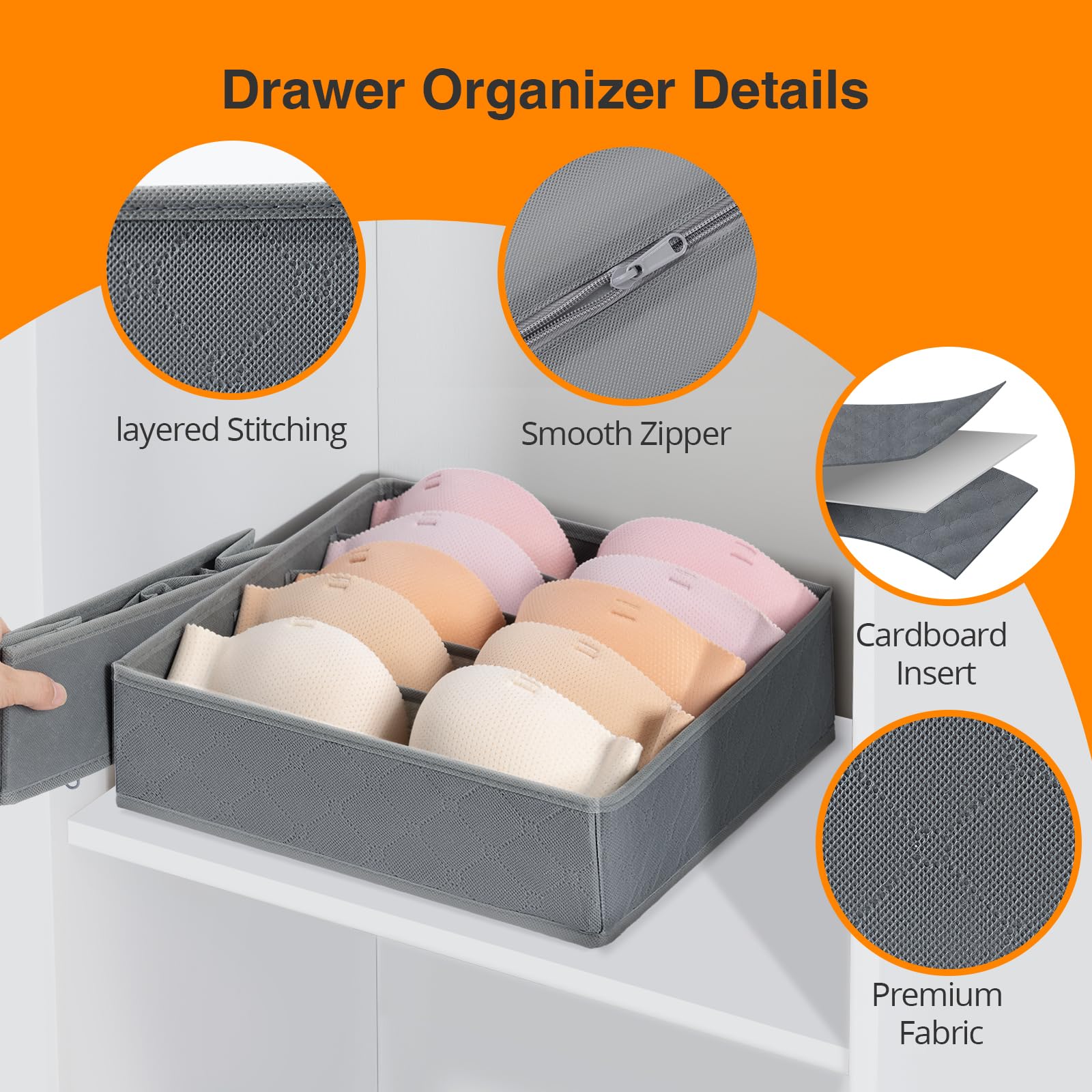 DIMJ 12 Pack Drawer Organizer for Clothes - Sock Bra Underwear Drawer Organizer, Foldable Fabric Drawer Organizer Bins, 114 Cells Dresser Drawer Dividers for Clothing Scarves Belt Tie, Grey