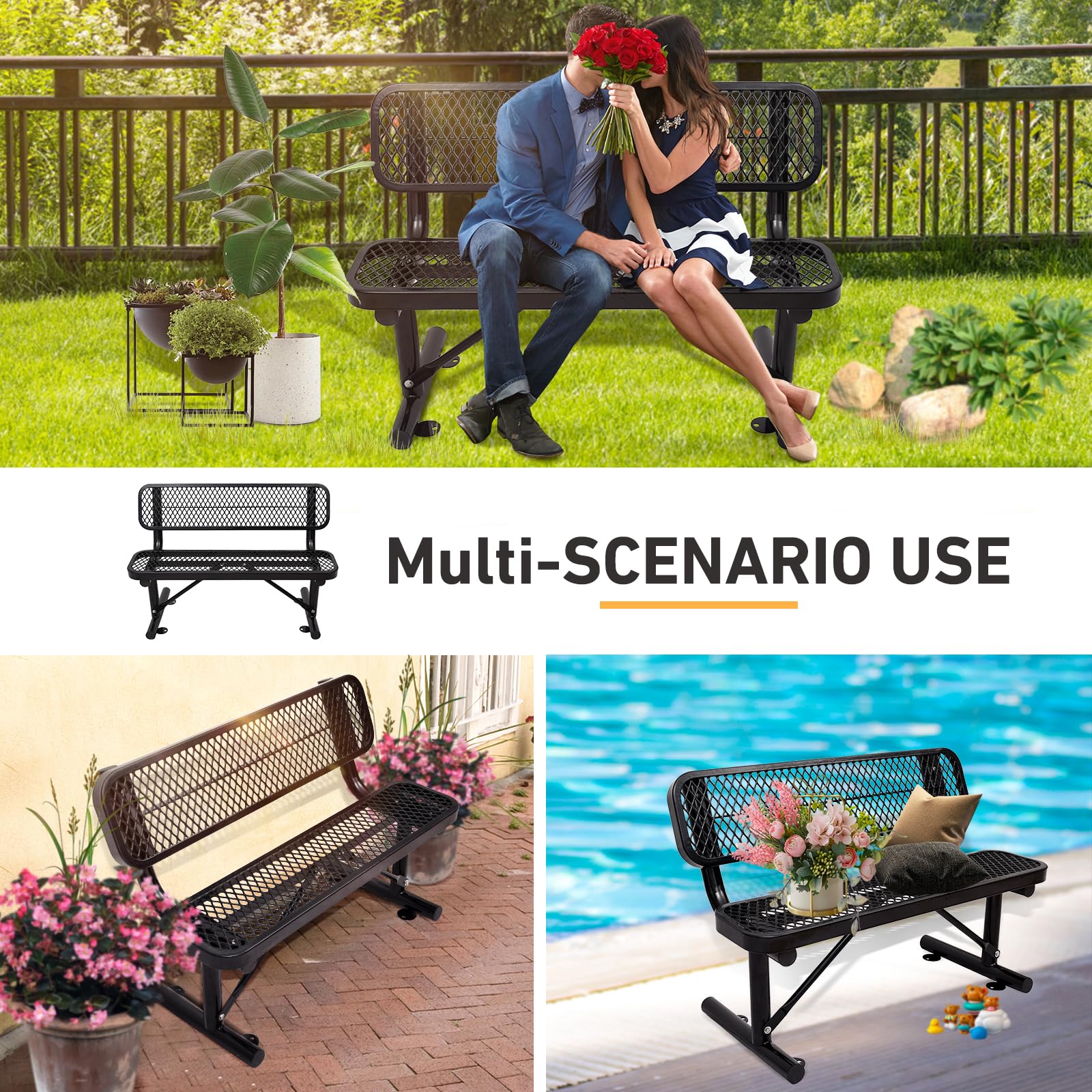 kaiwrxin 4 FT Heavy Duty Park Bench for Outside, Black Coated Outdoor Furniture Steel Bench with Portable Frame& Backrest, Commercial-Grade Outdoor Benches Weatherproof for Park, Patio, Porch, Garden