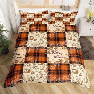 fall pumpkin bedding set queen size,maple leaves plants duvet cover set for kids girls boys teens room decor,orange black plaid patchwork comforter cover vintage rustic quilt cover,2 pillowcases