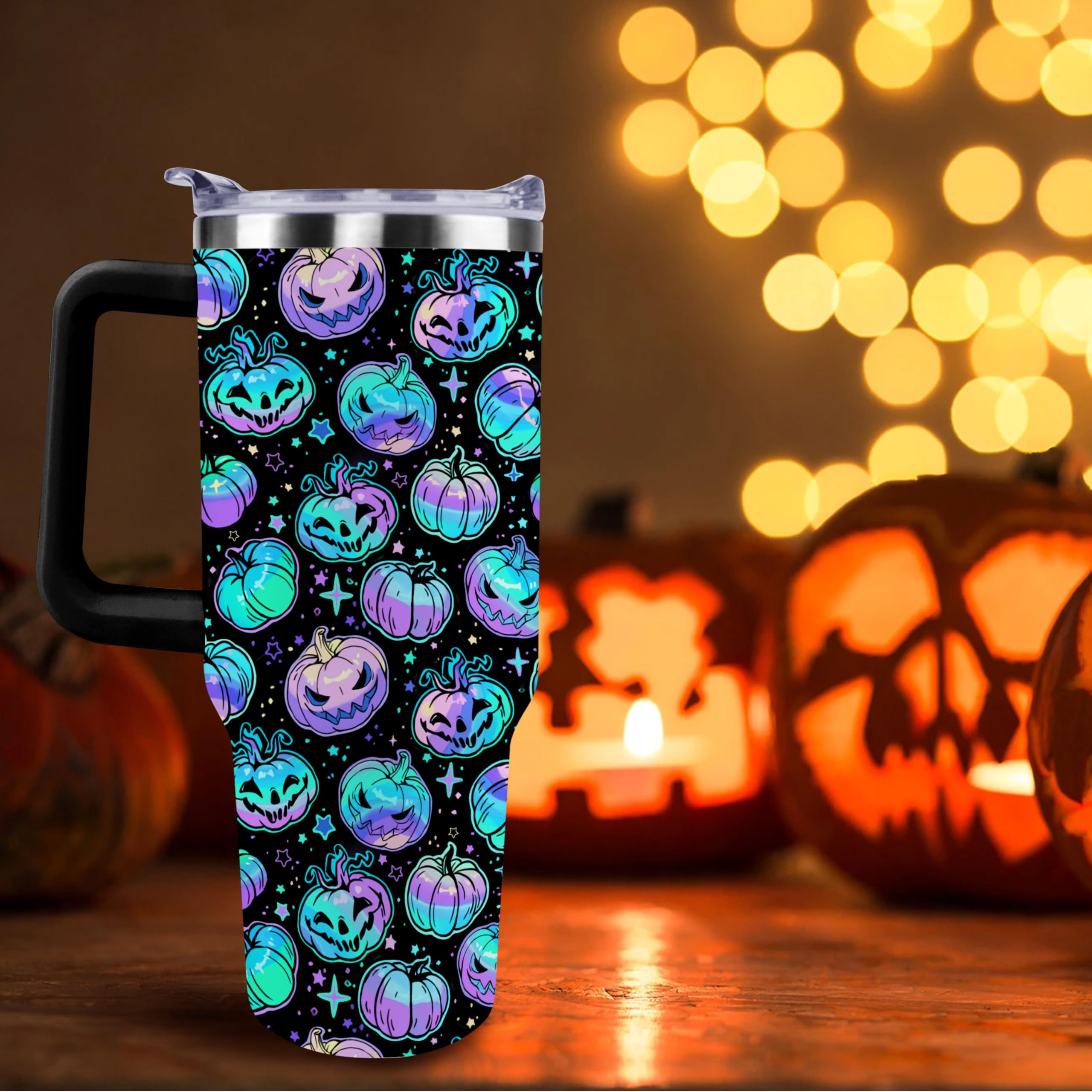 Halloween Tumbler, Spooky Neon Pumpkin Mug Cup Ghost Tumblers with Handle and Straw 40 oz, Halloween Gifts for Friends Family Insulated Water Bottle