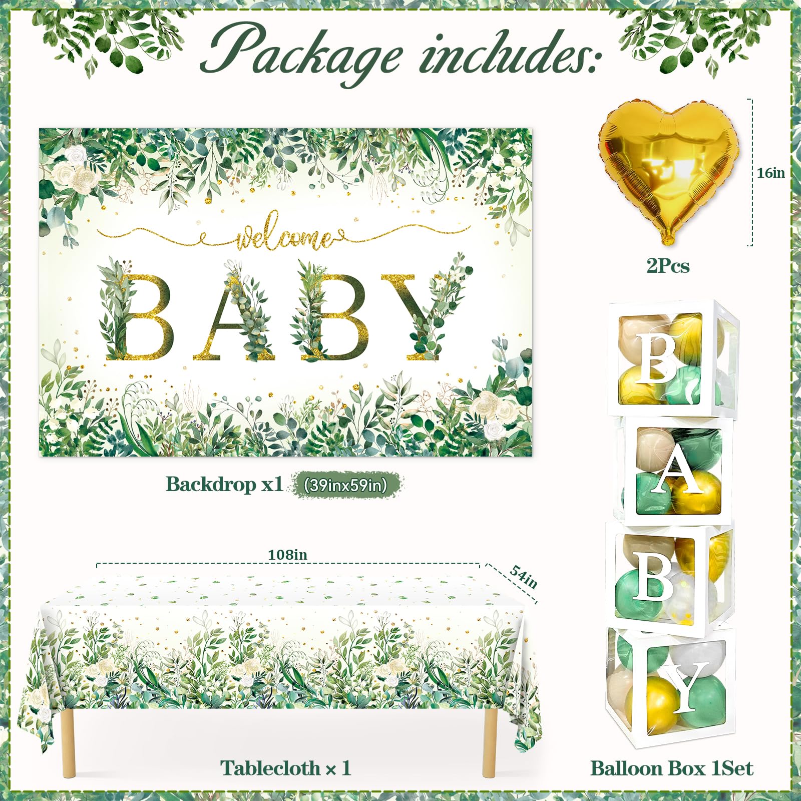 Sage Green Baby Shower Decoration, Neutral Baby Shower Party Supplies with Backdrop Balloon Garland Box Tablecloth for Gender Reveal Woodland Safari Party Decor