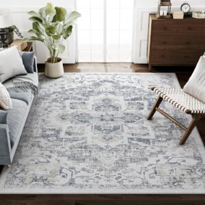 eleisa 8x10 area rugs for living room, grey & green, machine washable low pile area rug, stain resistant vintage home decor carpet for bedroom, dining room, home office