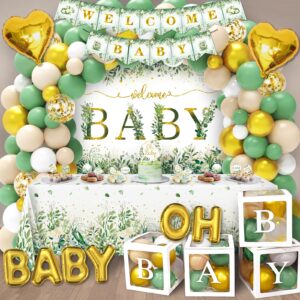 Sage Green Baby Shower Decoration, Neutral Baby Shower Party Supplies with Backdrop Balloon Garland Box Tablecloth for Gender Reveal Woodland Safari Party Decor