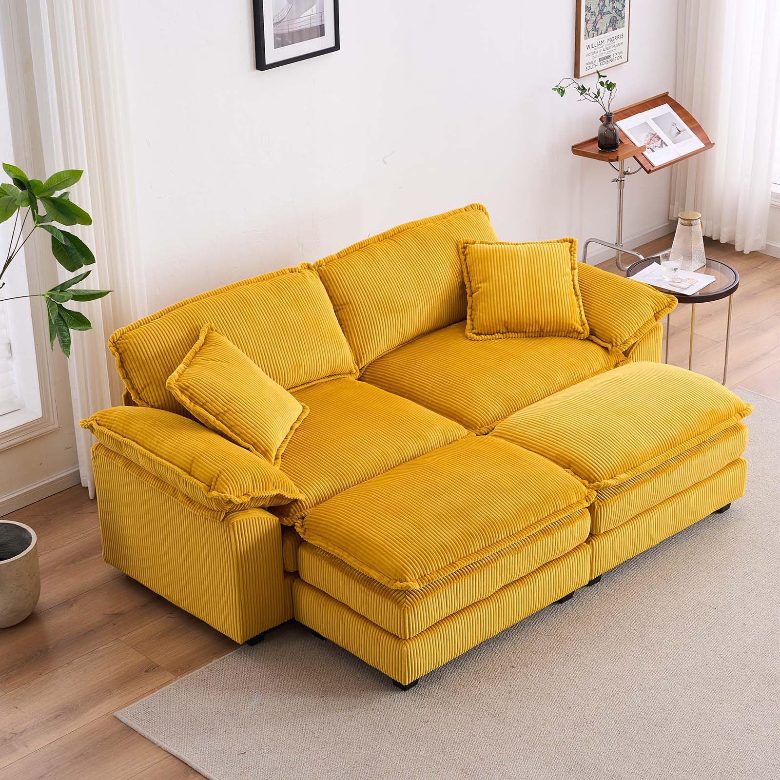 Chaise Longue Indoor with Movable Ottoman, 84.6" Modern Corduroy Loveseat Lounge Sofa Chair with Deep Seat, Upholstered L Shaped Modular Sectional Sofa Couches for Living Room, Apartment, Yellow