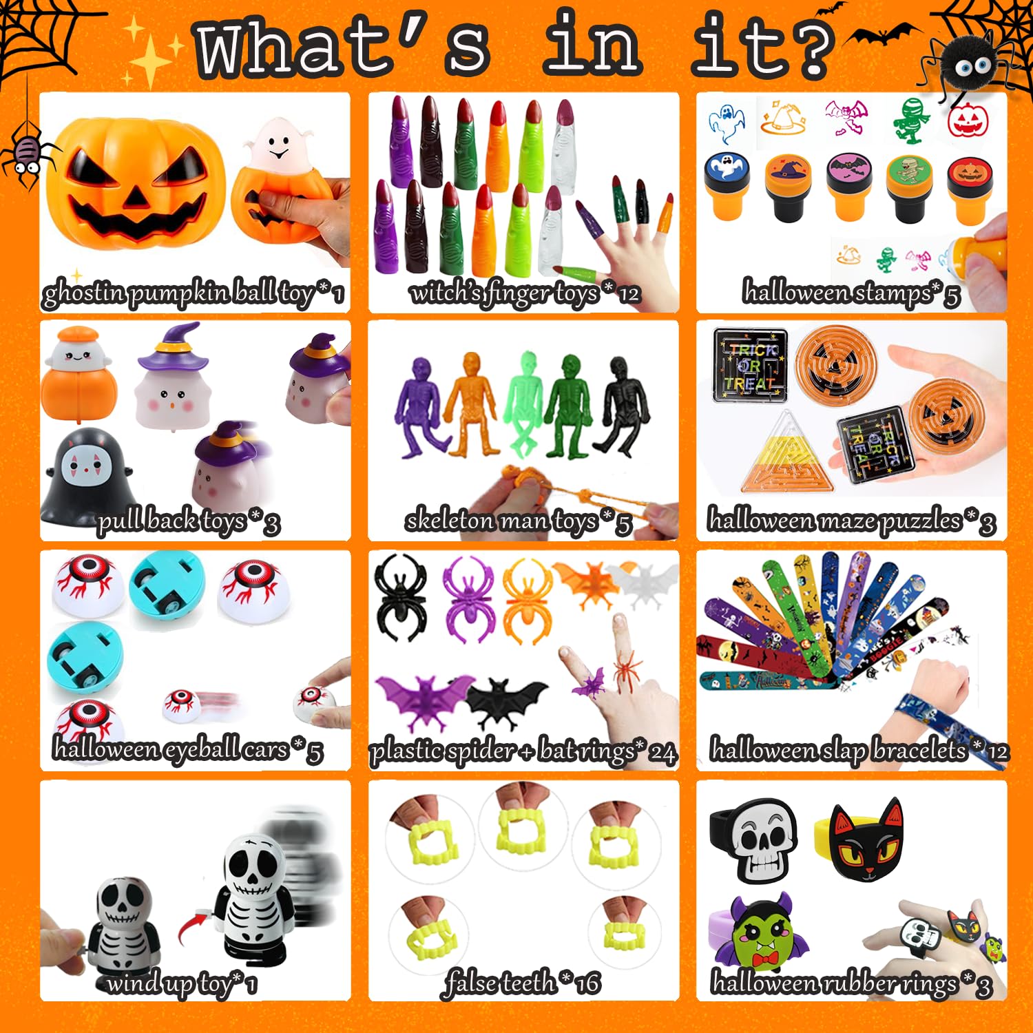 SQZUWIT 200pcs Halloween Party Toys Assortment for Kids Halloween Party Favors Prizes Box Toy Assortment Classroom Trick Treating Halloween Treasure Box Toys