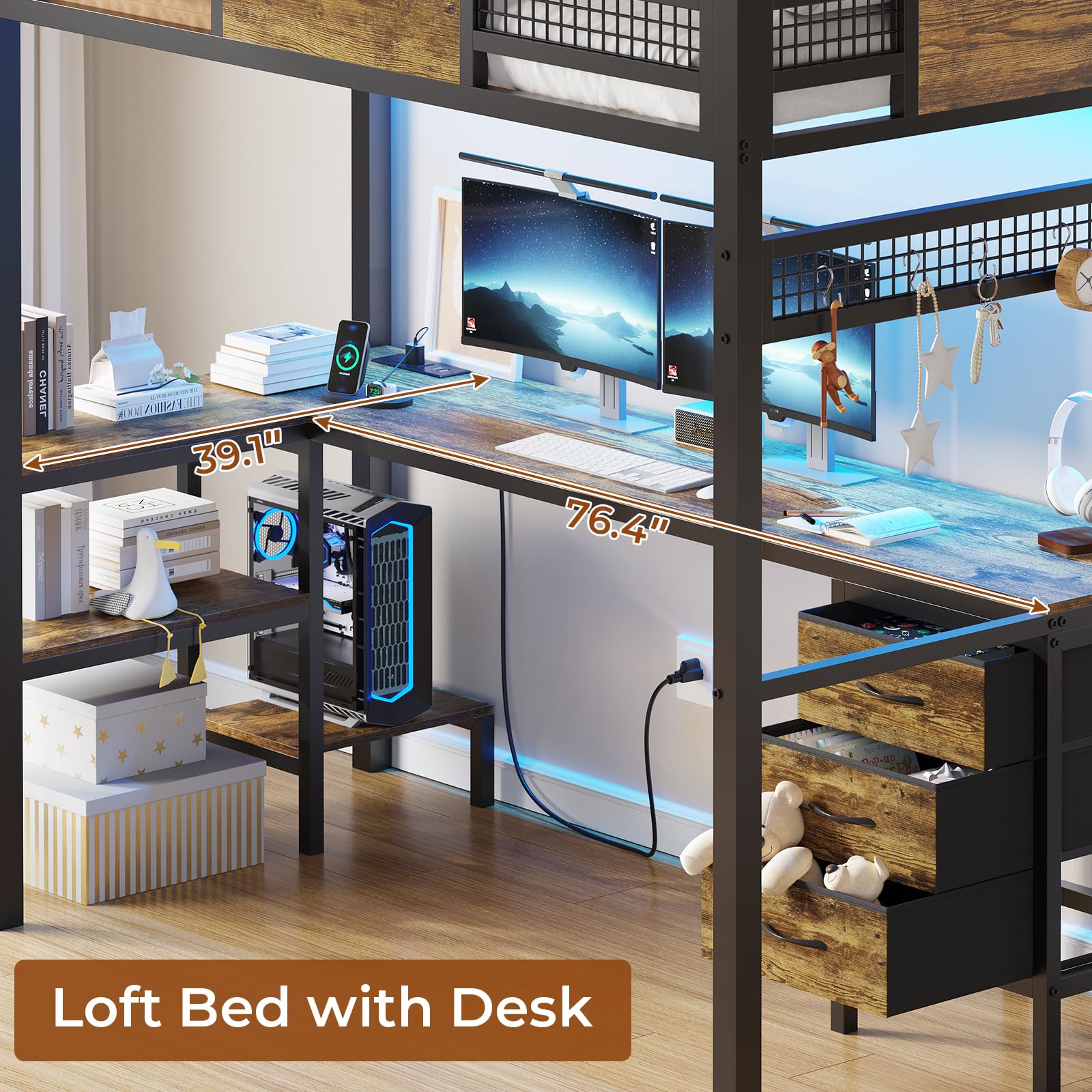 BTHFST Twin Loft Bed with L-Shaped Desk, Metal Twin Size Bed Frame with LED Lights & Charging Sation, 3 Fabric Drawers, 2-Tier Storage Shelves, Safety Guard & Ladder, No Box Spring Needed