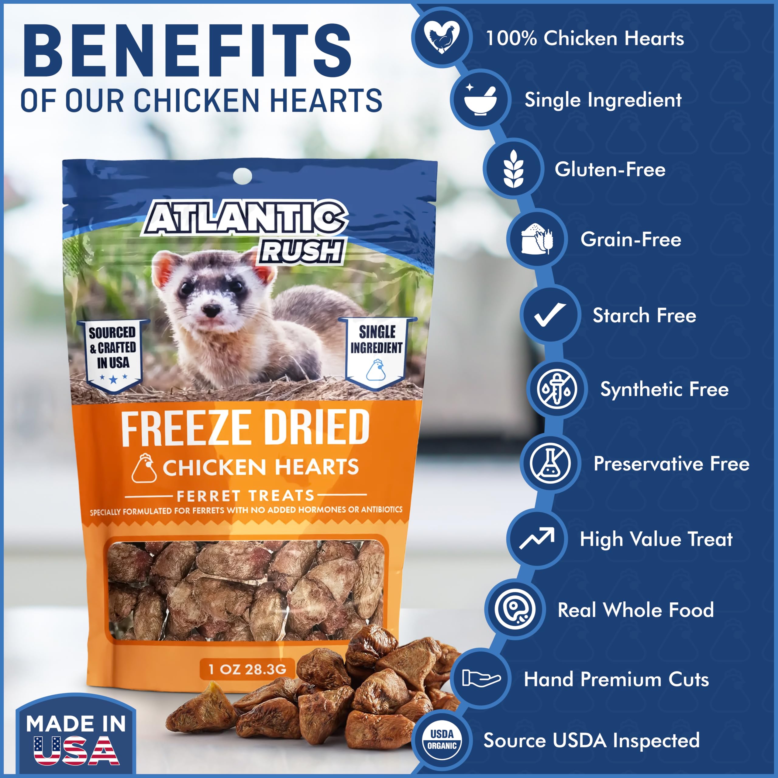 Freeze Dried Small Pet Treats - 1oz Resealable Bag of Treats for Ferrets - Ferret Snacks - Single Ingredient Ferret Food With No Preservatives Or Fillers- Small Animals Treats (1 oz, Chicken Heart)