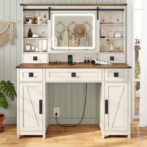 AOGLALTI Farmhouse Vanity Desk with Mirror and Lights, Makeup Vanity with Lights & Charging Station, Large White Vanity Table with Ample Storage Space and Sliding Mirror (White)