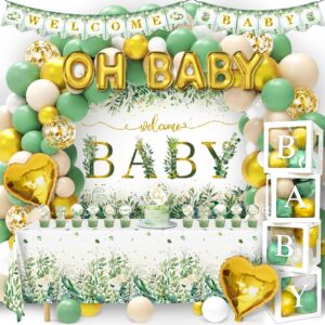 sage green baby shower decoration, neutral baby shower party supplies with backdrop balloon garland box tablecloth for gender reveal woodland safari party decor