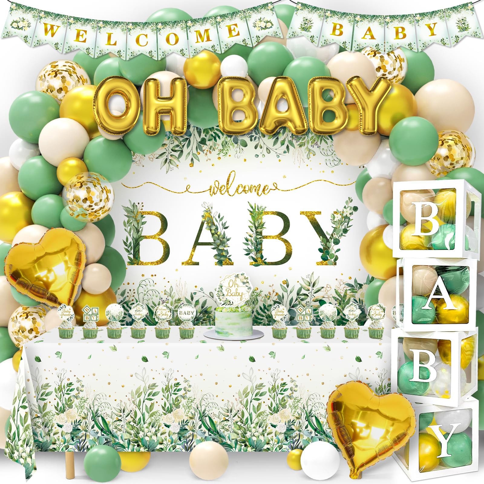 Sage Green Baby Shower Decoration, Neutral Baby Shower Party Supplies with Backdrop Balloon Garland Box Tablecloth for Gender Reveal Woodland Safari Party Decor