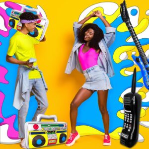 8 Pcs Inflatable Radio Boombox Retro Inflatable Mobile Phone Rock Inflatable Guitar Toy Set,Blow up Props for 80s 90s Party Decorations,Hip Hop Theme Birthday Party Supplies