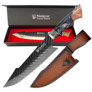 nordic new viking series professional 8 inch chef knife, damascus chef knife, 67 layers, hand forged chef knife with resin and maple wood handle and leather sheath