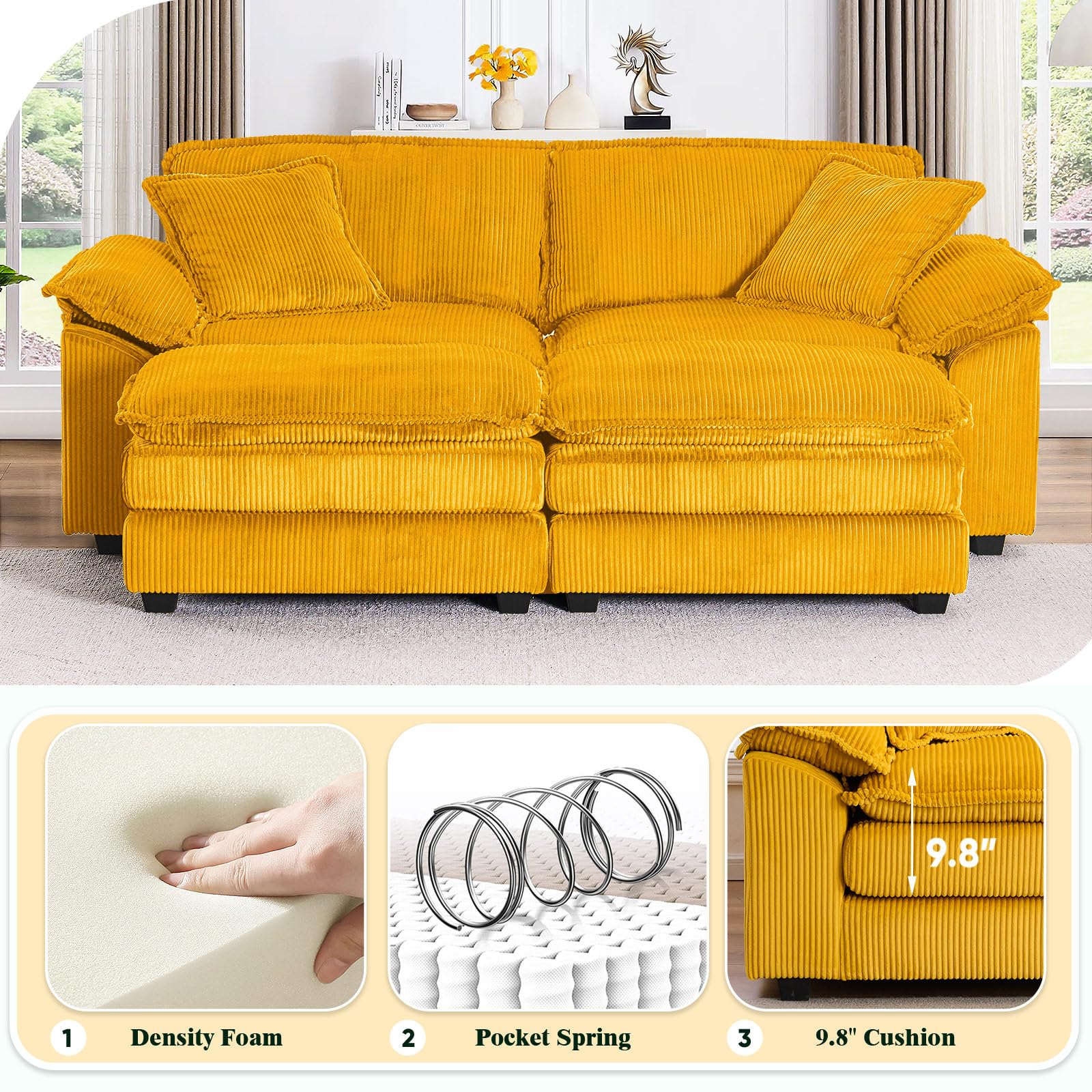 Chaise Longue Indoor with Movable Ottoman, 84.6" Modern Corduroy Loveseat Lounge Sofa Chair with Deep Seat, Upholstered L Shaped Modular Sectional Sofa Couches for Living Room, Apartment, Yellow