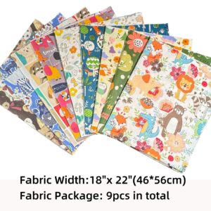 9 Pcs Animal Fabric Patterns Fat Quarters Quilting Fabric Bundles No Repeat Designs for Baby Boy Kids,18"x 22" …