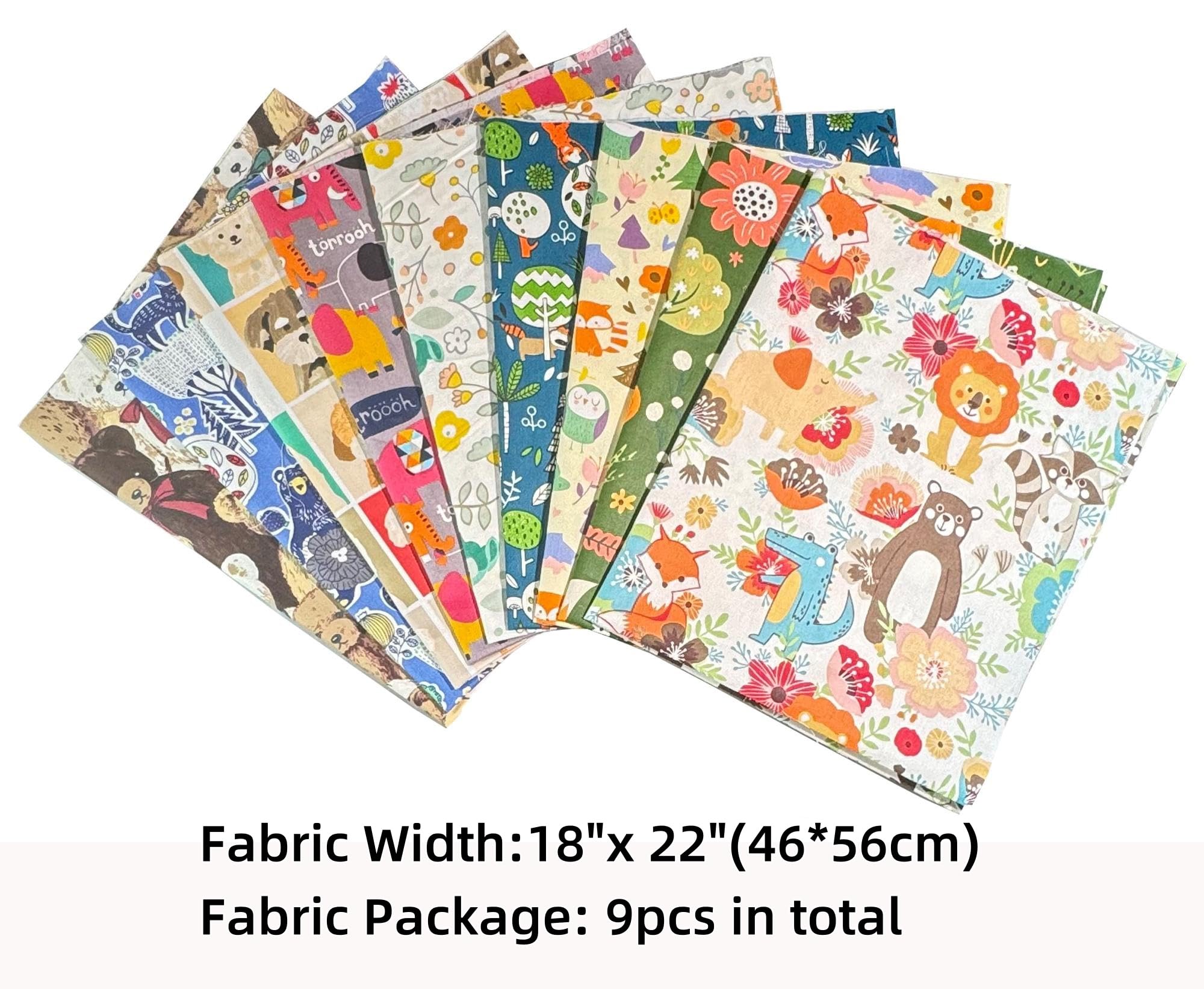 9 Pcs Animal Fabric Patterns Fat Quarters Quilting Fabric Bundles No Repeat Designs for Baby Boy Kids,18"x 22" …