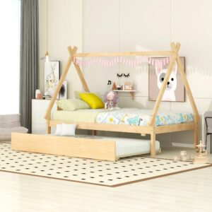 lopoo twin size tent floor bed, wooden tent platform bed with pull-out trundle bed, tent twin bed with rollers, bed frame twin size for boys,girls bedroom, no box spring needed, teepee bed (natural)