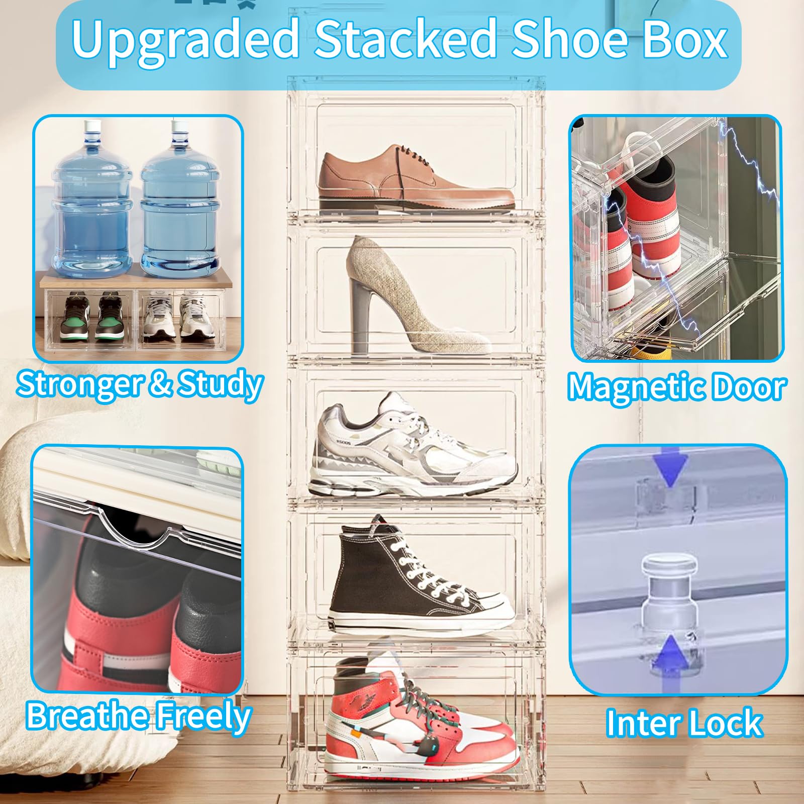 Rgqphantom Shoe Storage Box,Shoe Box with Acrylic Magnetic Door, Clear Plastic Stackable Shoe Box,Sneaker Storage Shoe Box,Fit up to US Size 12 (Clear, 1 pcs)