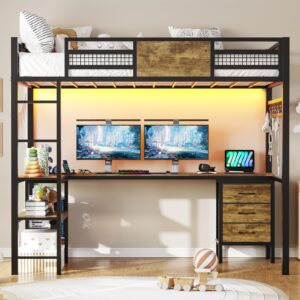 BTHFST Twin Loft Bed with L-Shaped Desk, Metal Twin Size Bed Frame with LED Lights & Charging Sation, 3 Fabric Drawers, 2-Tier Storage Shelves, Safety Guard & Ladder, No Box Spring Needed