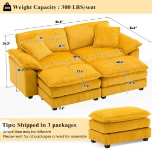 Chaise Longue Indoor with Movable Ottoman, 84.6" Modern Corduroy Loveseat Lounge Sofa Chair with Deep Seat, Upholstered L Shaped Modular Sectional Sofa Couches for Living Room, Apartment, Yellow