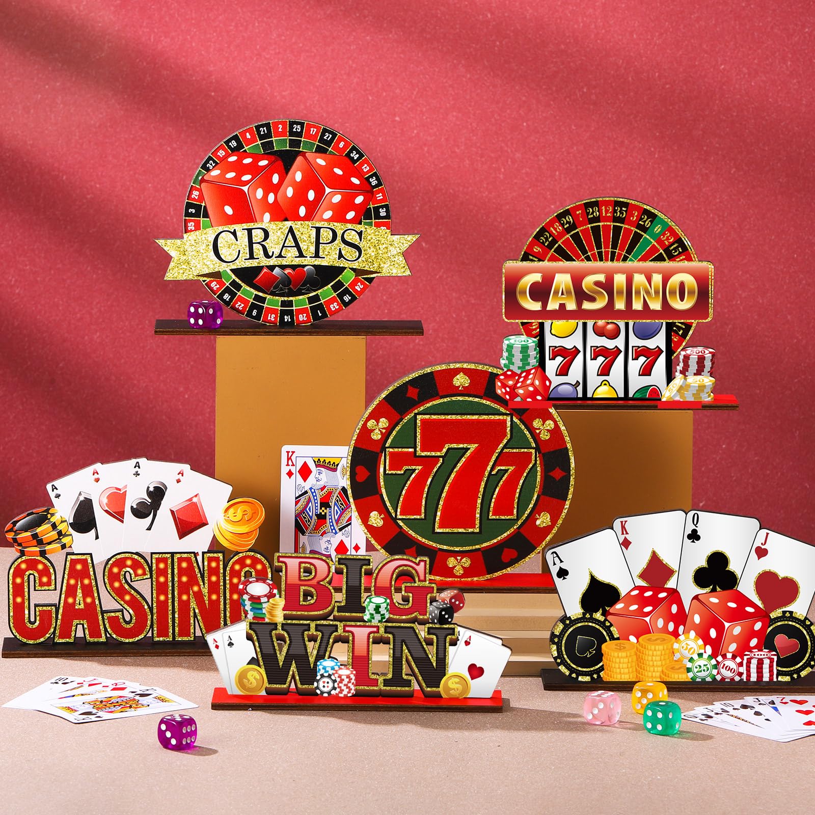 Juexica 6 Pcs Casino Party Decoration Casino Table Signs Casino Night Table Centerpieces Wooden Las Vegas Themed Party Decorations Poker Decor for Housewarming Casino Bar Birthday Party Supplies