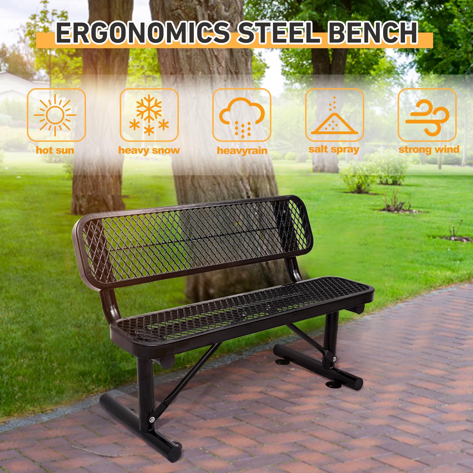 kaiwrxin 4 FT Heavy Duty Park Bench for Outside, Black Coated Outdoor Furniture Steel Bench with Portable Frame& Backrest, Commercial-Grade Outdoor Benches Weatherproof for Park, Patio, Porch, Garden