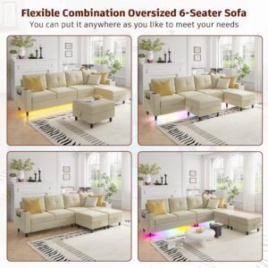 FOMNEY Sectional Couche for Living Room, Modular U Shaped Sofa Couchs with RGB Lights and Charging Ports, 6 Seat Convertible Sectional Sofa with Storage Ottoman (Beige)