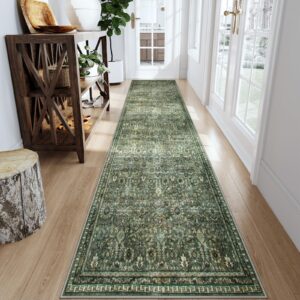 morebes vintage hallway runner rug 10 ft, boho kitchen rugs non slip washable, distressed retro low pile indoor floor carpet runner for entryway entrance laundry bedroom, dark green