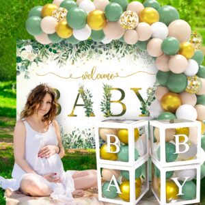 Sage Green Baby Shower Decoration, Neutral Baby Shower Party Supplies with Backdrop Balloon Garland Box Tablecloth for Gender Reveal Woodland Safari Party Decor