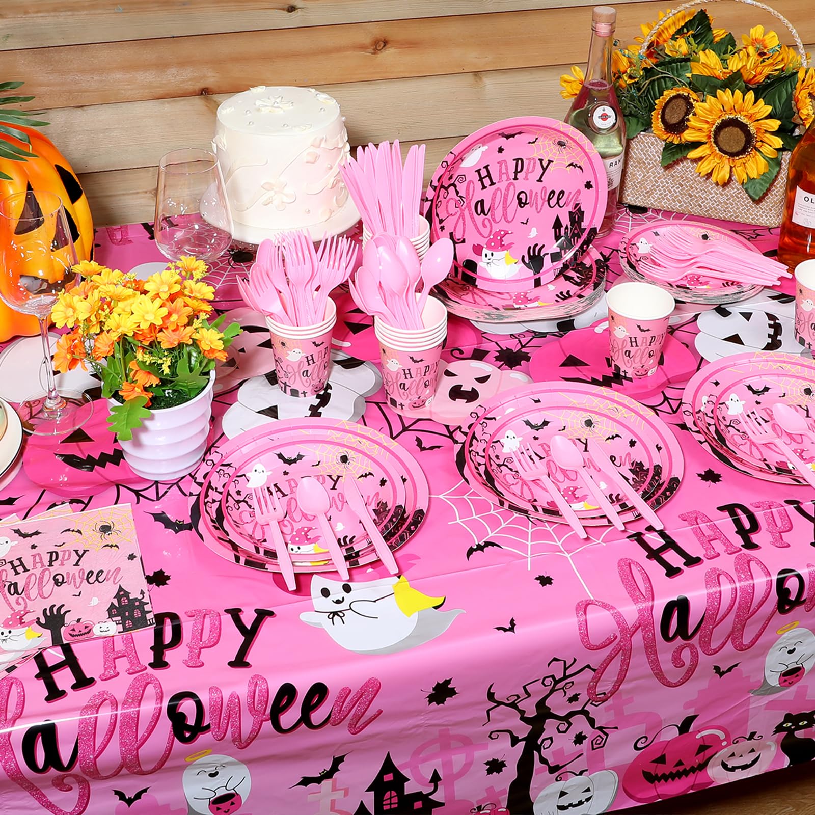 Oudain 3 Pcs Pink Halloween Tablecloth for Girls Plastic Happy Halloween Table Covers 54 x 108 Inch Disposable Ghost Pumpkin Table Cloths Halloween Boo Birthday Party Baby Shower Supplies