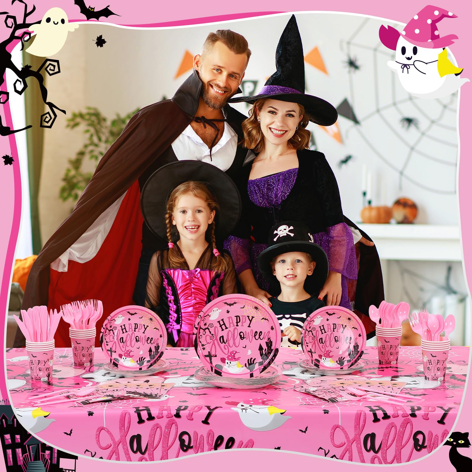 Oudain 3 Pcs Pink Halloween Tablecloth for Girls Plastic Happy Halloween Table Covers 54 x 108 Inch Disposable Ghost Pumpkin Table Cloths Halloween Boo Birthday Party Baby Shower Supplies