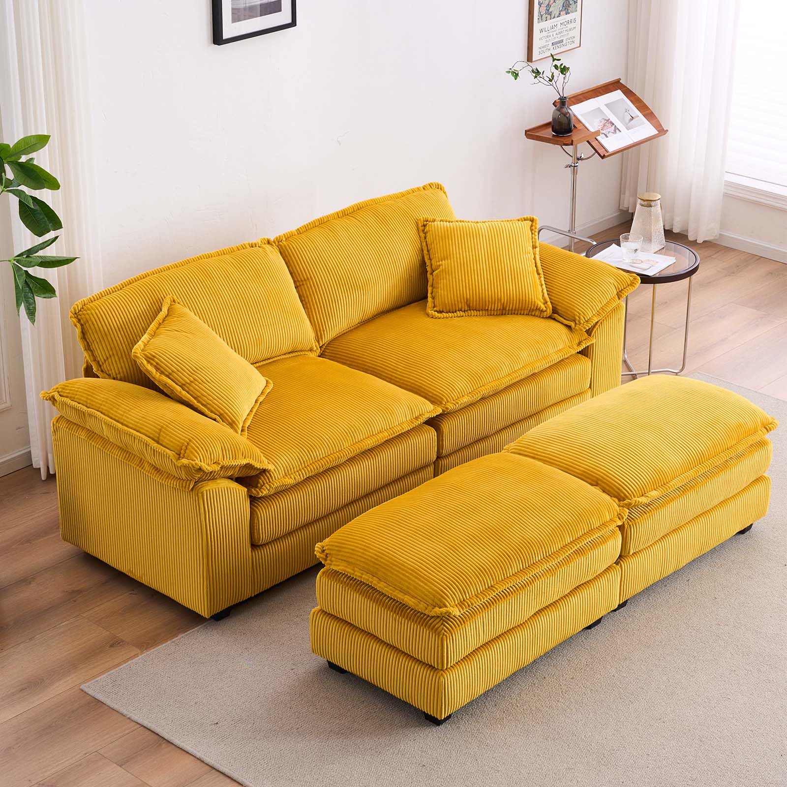 Chaise Longue Indoor with Movable Ottoman, 84.6" Modern Corduroy Loveseat Lounge Sofa Chair with Deep Seat, Upholstered L Shaped Modular Sectional Sofa Couches for Living Room, Apartment, Yellow