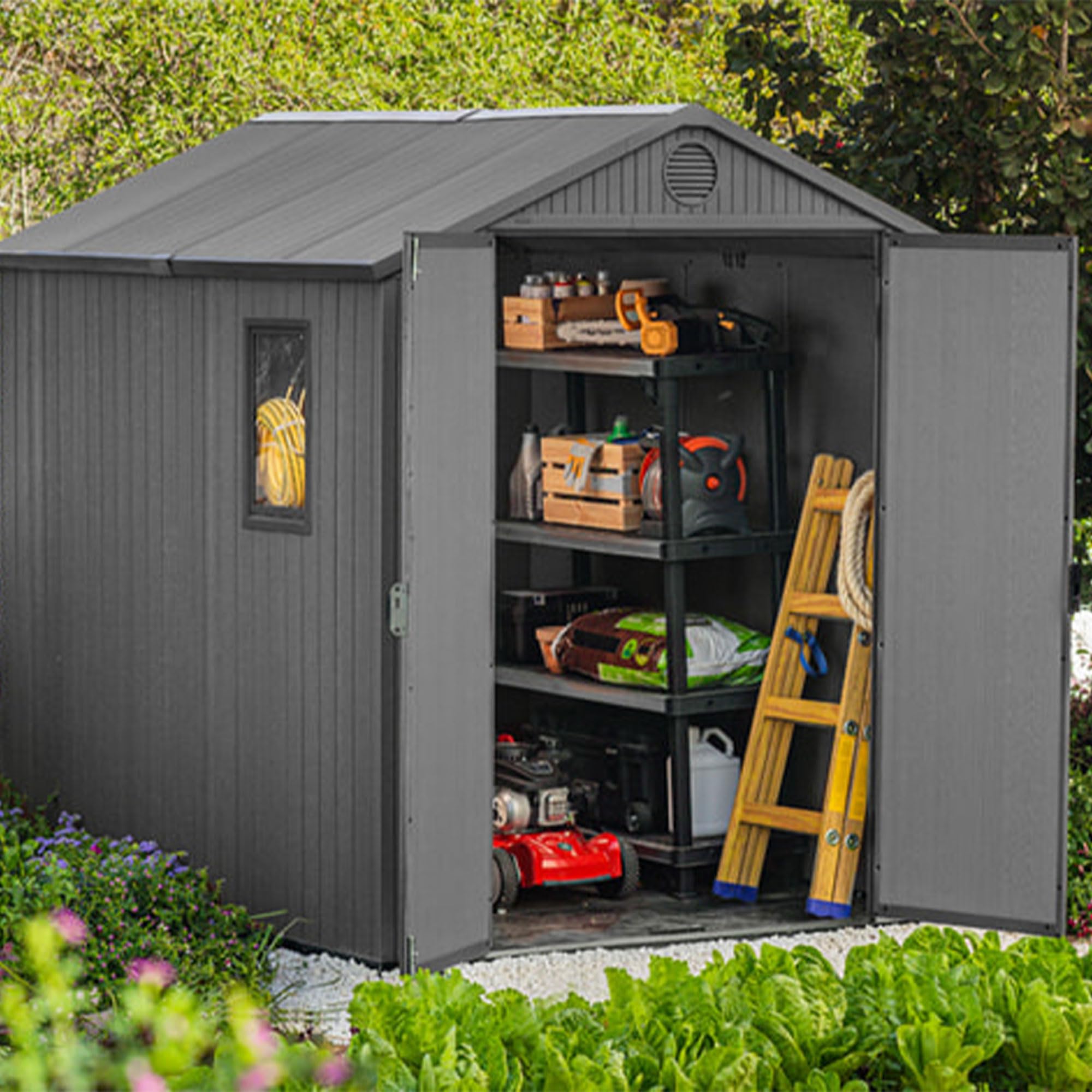 Keter Darwin 6 x 8 Foot Outdoor Garden Tool Storage Shed Backyard Utility Organizer Bundled with 40 Inch Steel Shelving Kit, Graphite Gray