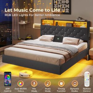 ADORNEVE Queen Floating Bed Frame with Storage Headboard and RGB LED Lights, Linen Upholstered Platform Floating Bed with USB-C/A Charging Station,Innovative Stable Structure,Dark Gray