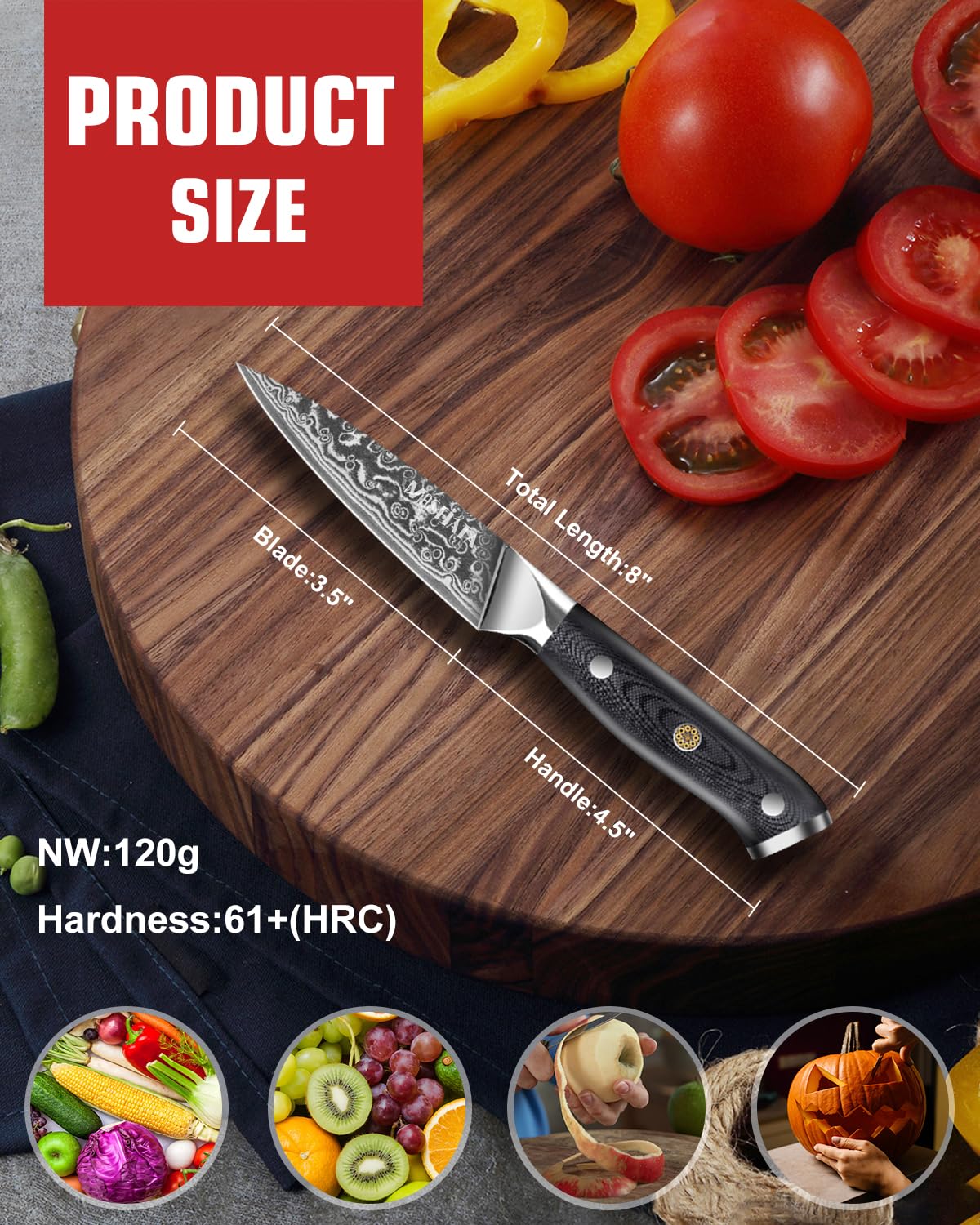 MOSFiATA Kitchen Knife ，Damascus paring Knife 3.5 inch Fruit Knife