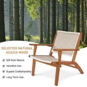 VINGLI Outdoor Lounge Chair Acacia Wood Chair, Woven Outdoor Chair Mid Century Reclining Chair for Patio Lawn Garden Backyard Deck Balcony