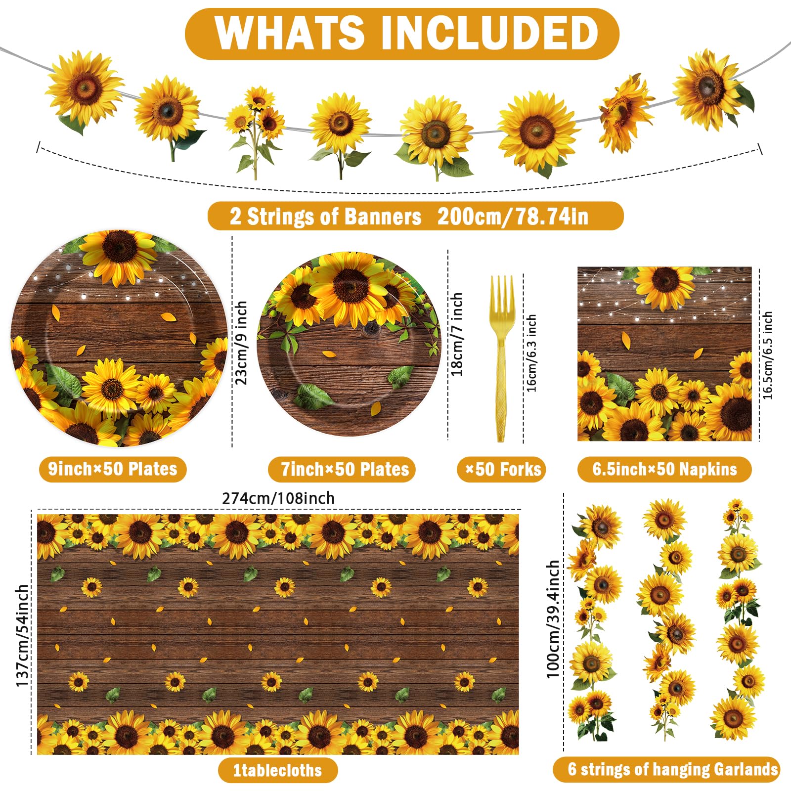 gisgfim 209Pcs Sunflower Bridal Birthday Party Supplies Includes Sunflower Party Plates Napkins Fork Sunflower Tablecloth Banner Hanging Garland Kit for Summer Bridal Shower Party Decorations Set