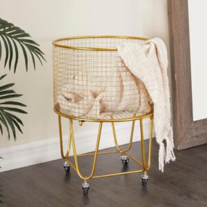 cosmoliving by cosmopolitan metal deep set rolling mesh laundry basket storage cart - black, gold, white - 17 x 17 x 25 gold