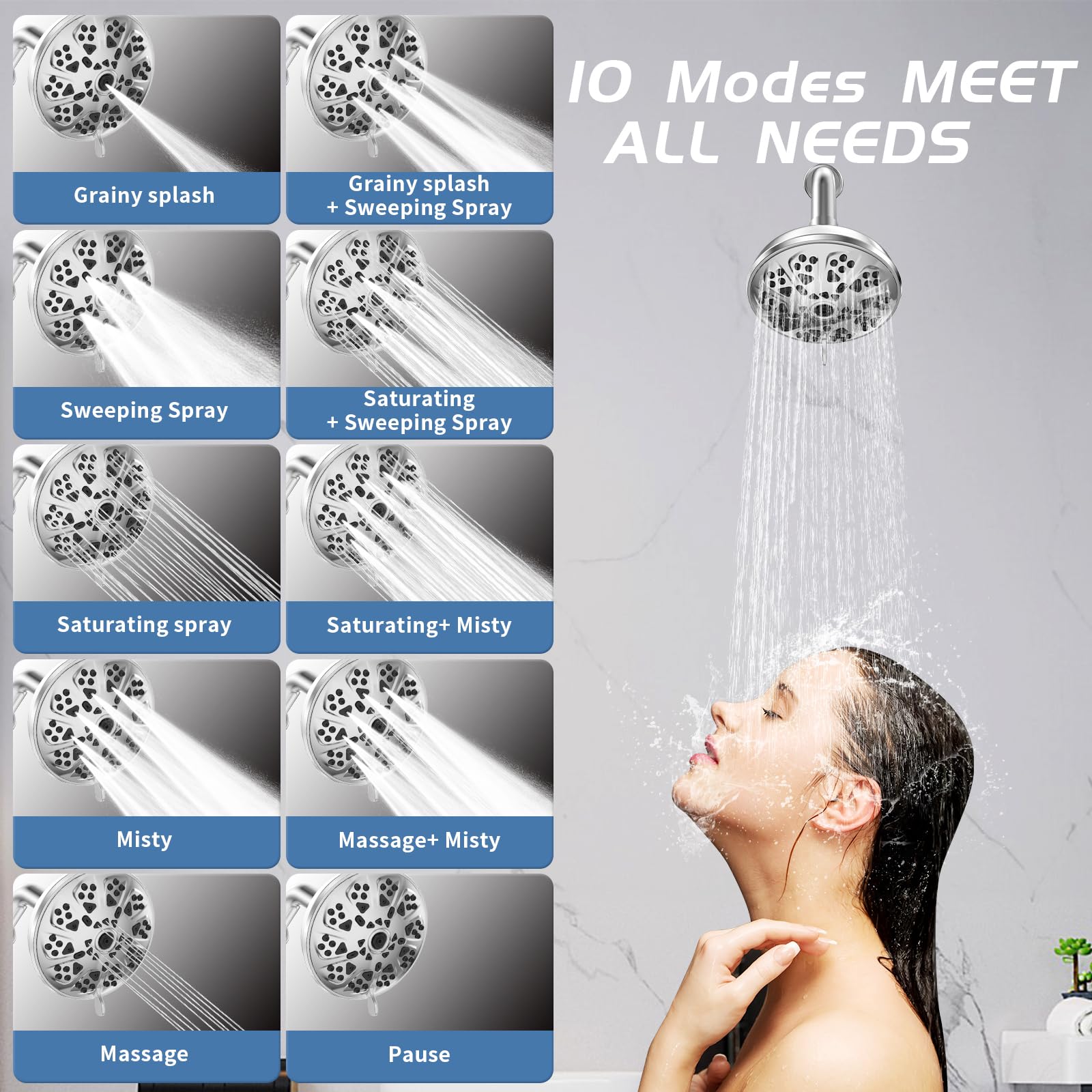 VKZK 10-Mode High Pressure Shower Head Fixed Showerhead, Anti-Clogging Silicone Nozzles-Premium Quality Luxury Design(Luxury Polished Chrome) - 1-Min Install Easy Clean Adjustable Angles