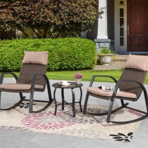 ARTLOFT 3 Piece Rocking Chairs Wicker Outdoor Patio Furniture Set Balcony Chairs Conversation Sets with Coffee Table for Porch, Garden, Backyard, Deck (Beige)