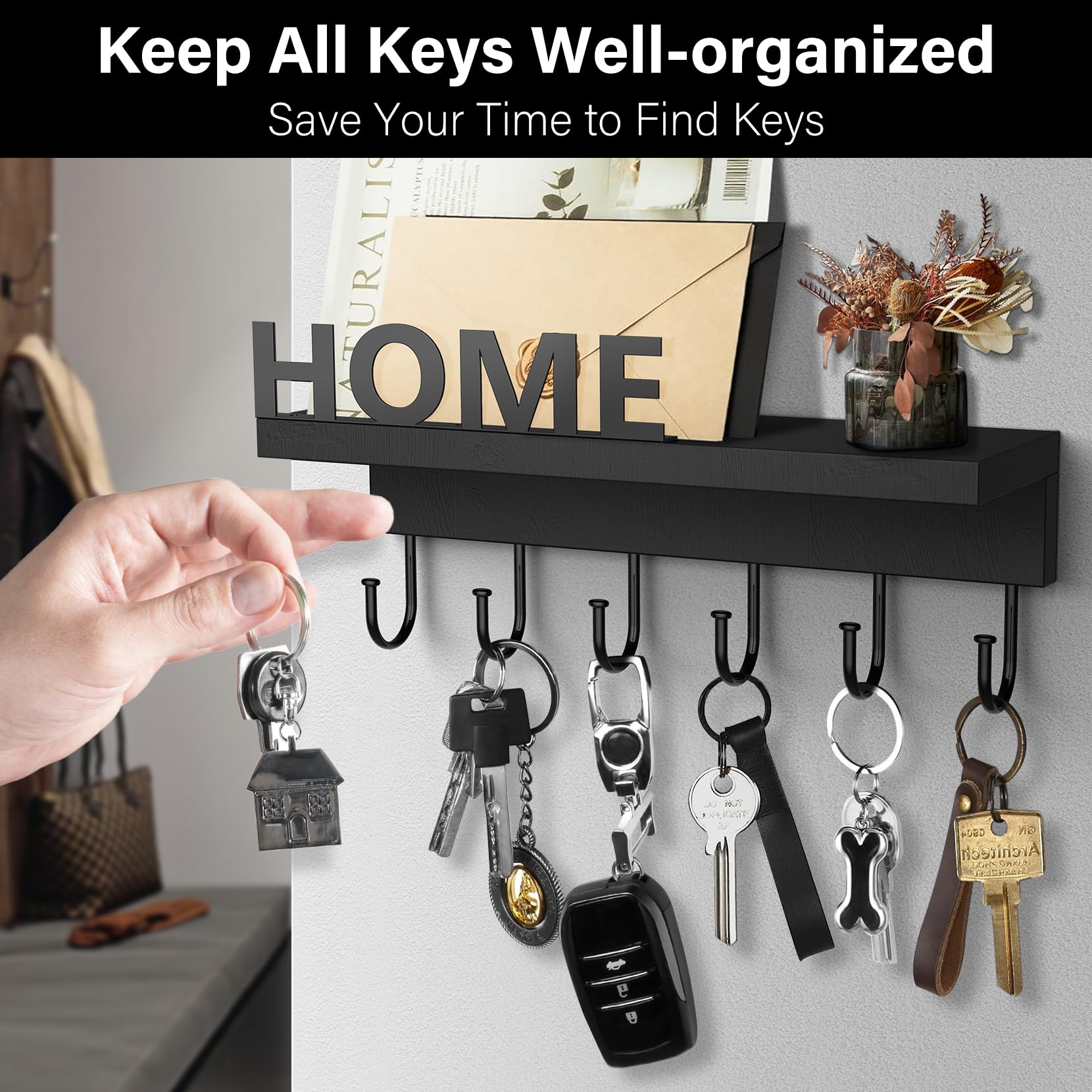 RESOVO Key Holder Wall Mount Key Hooks Entryway Shelf Keys Rack Key Shelf with 6 Metal Hooks Mail Holder, Wooden Shelf, Black (Length: 9.8 Inches)