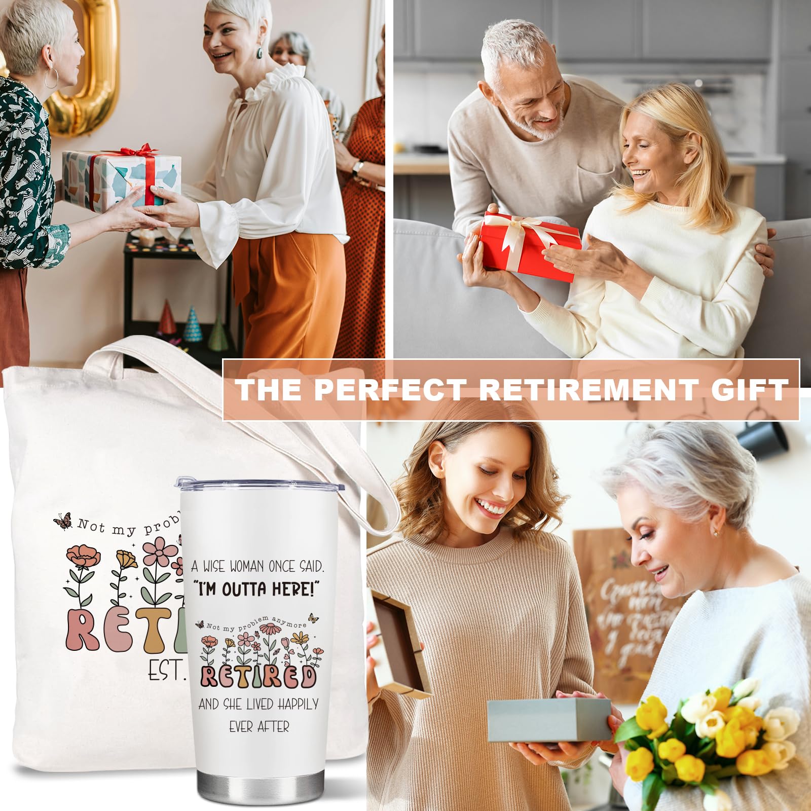 ARTINAEL Retirement Gifts for Women 2024 - Best Retirement Gifts with Humorous Happy Retired Quotes for Female- Funny Retirement Gift for Woman, White Coffee Tumbler & Bag Classy Gifts Set