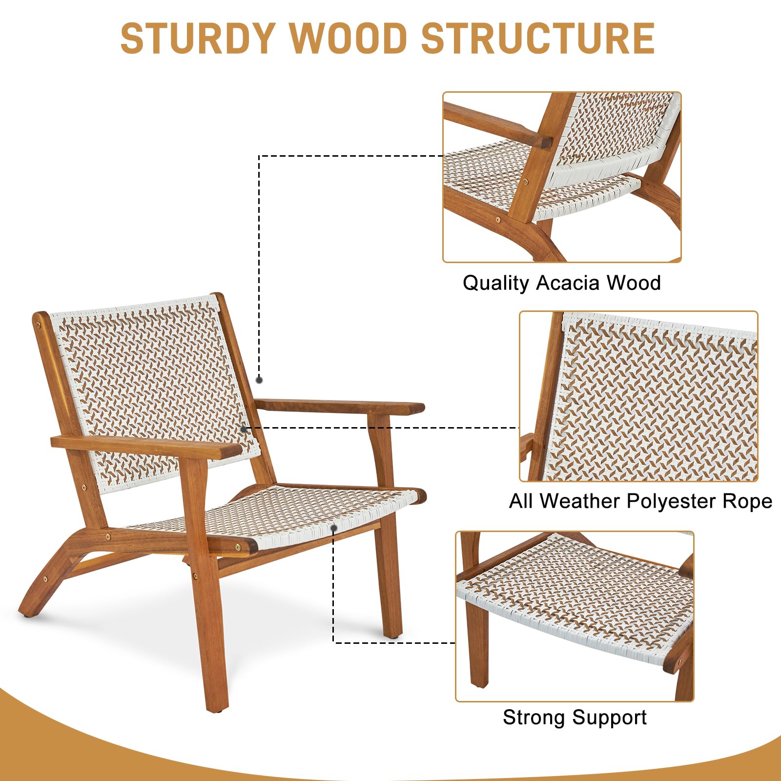 VINGLI Outdoor Lounge Chair Acacia Wood Chair, Woven Outdoor Chair Mid Century Reclining Chair for Patio Lawn Garden Backyard Deck Balcony