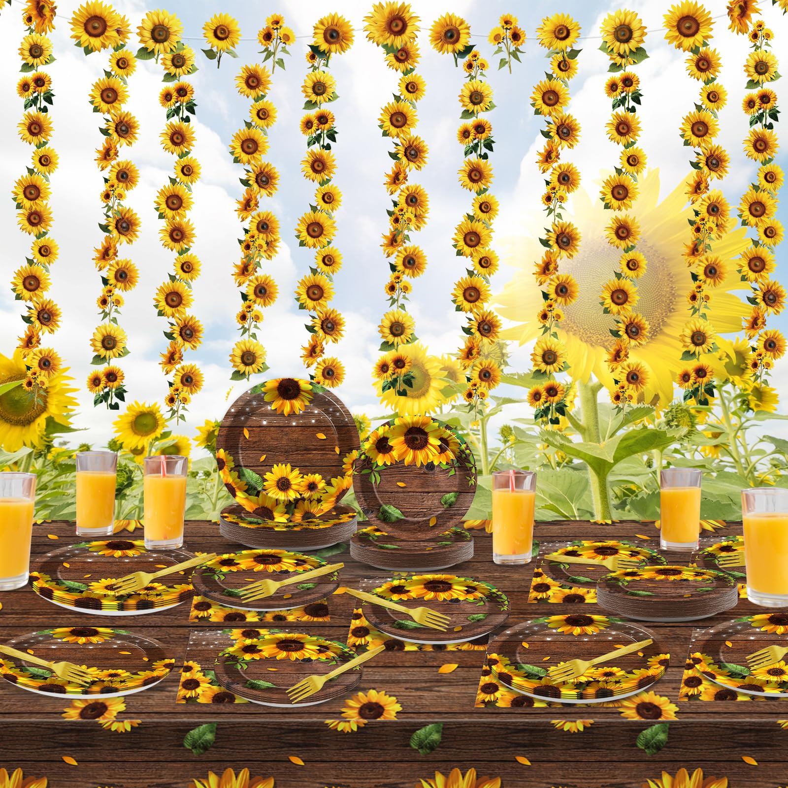 gisgfim 209Pcs Sunflower Bridal Birthday Party Supplies Includes Sunflower Party Plates Napkins Fork Sunflower Tablecloth Banner Hanging Garland Kit for Summer Bridal Shower Party Decorations Set