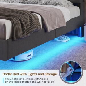 ADORNEVE Queen Floating Bed Frame with Storage Headboard and RGB LED Lights, Linen Upholstered Platform Floating Bed with USB-C/A Charging Station,Innovative Stable Structure,Dark Gray