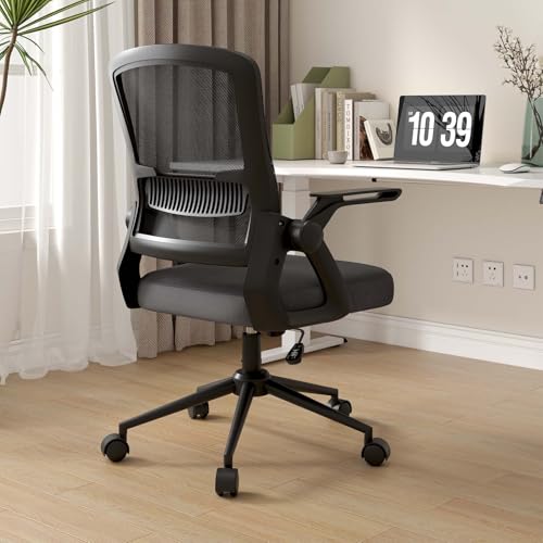 naspaluro Office Computer Desk Chair Ergonomic Mesh Flip-Up Arms Comfy Chair with Mid Back Cushion Lumbar Support Adjustable Height Tilt Swivel Chair for Home Bedroom Study Working, Black