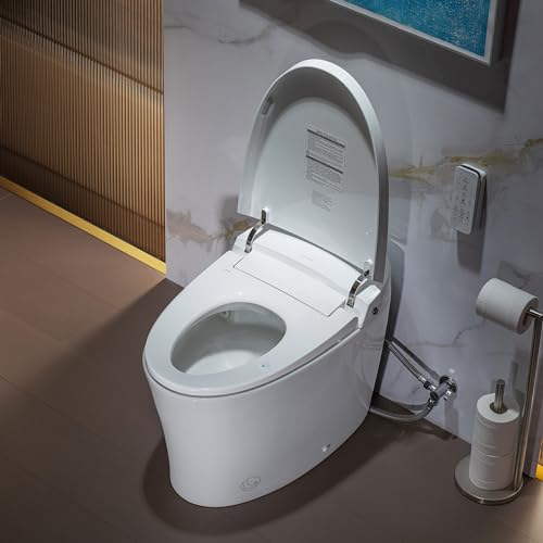 WOODBRIDGE Smart Bidet Toilet, Auto Open & Close, Auto Flush, Foot Sensor Operation, Heated Seat and Integrated Multi Function Remote Control in White,EBT 700