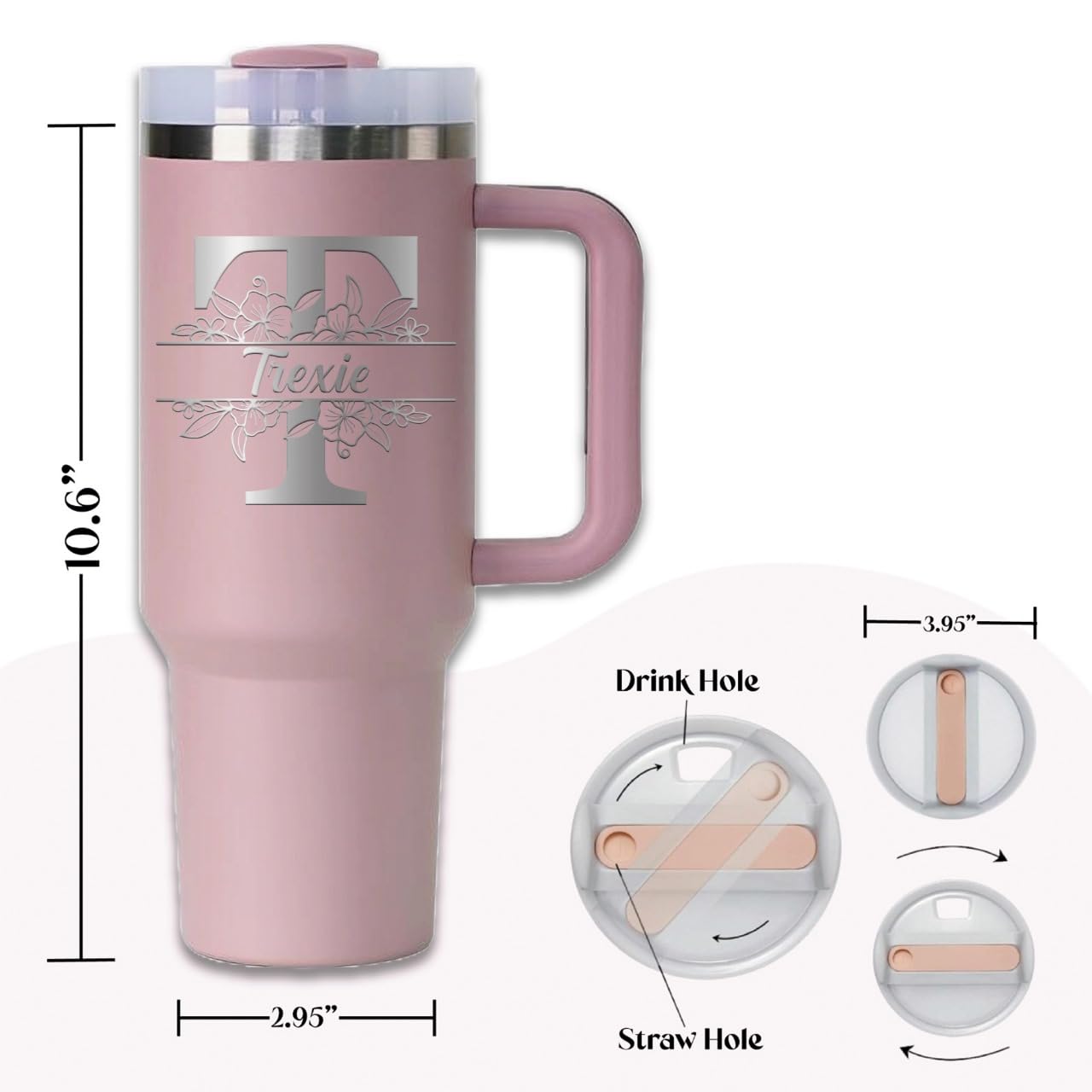 Customized Engraved Personalized 40oz Insulated Tumbler Cup Mug with Handle and Straw, Custom Name Text Logo Laser Engraving Birth Flower Monogram Gift (Initial Monogram with Custom Text)