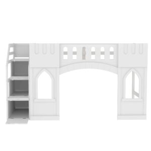 Linique Twin Size Loft Bed with Storage Staircase and 2 Window,Castle Playful Design Twin Loft Bed Frame with Space for Fun,White